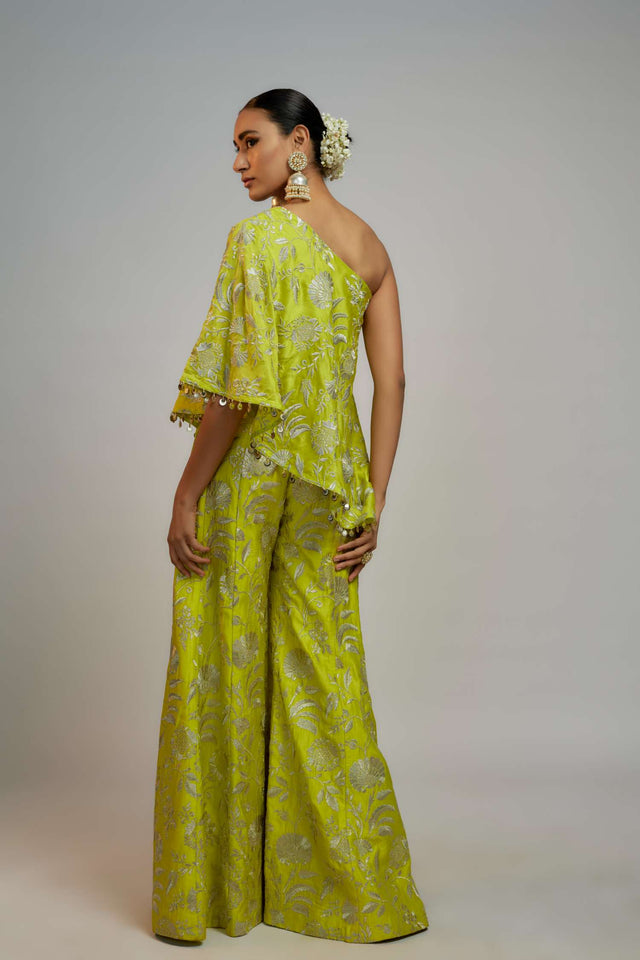 Shop Lime Green Golconda Arsh One shoulder Set | Gopi Vaid